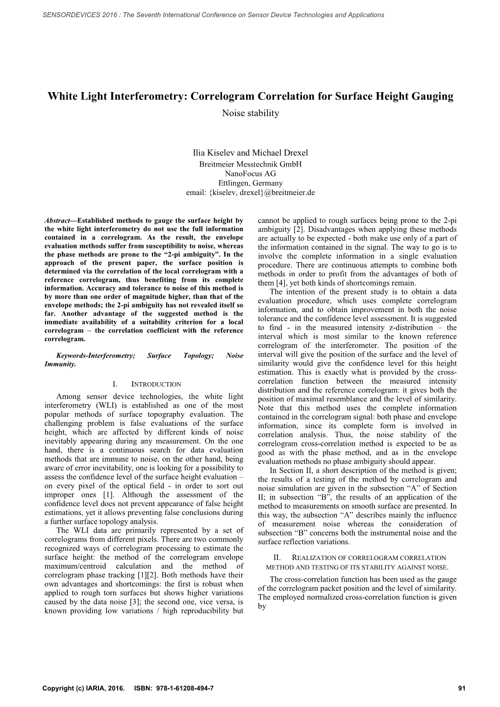 White Light Interferometry: Correlogram Correlation for Surface Height ...