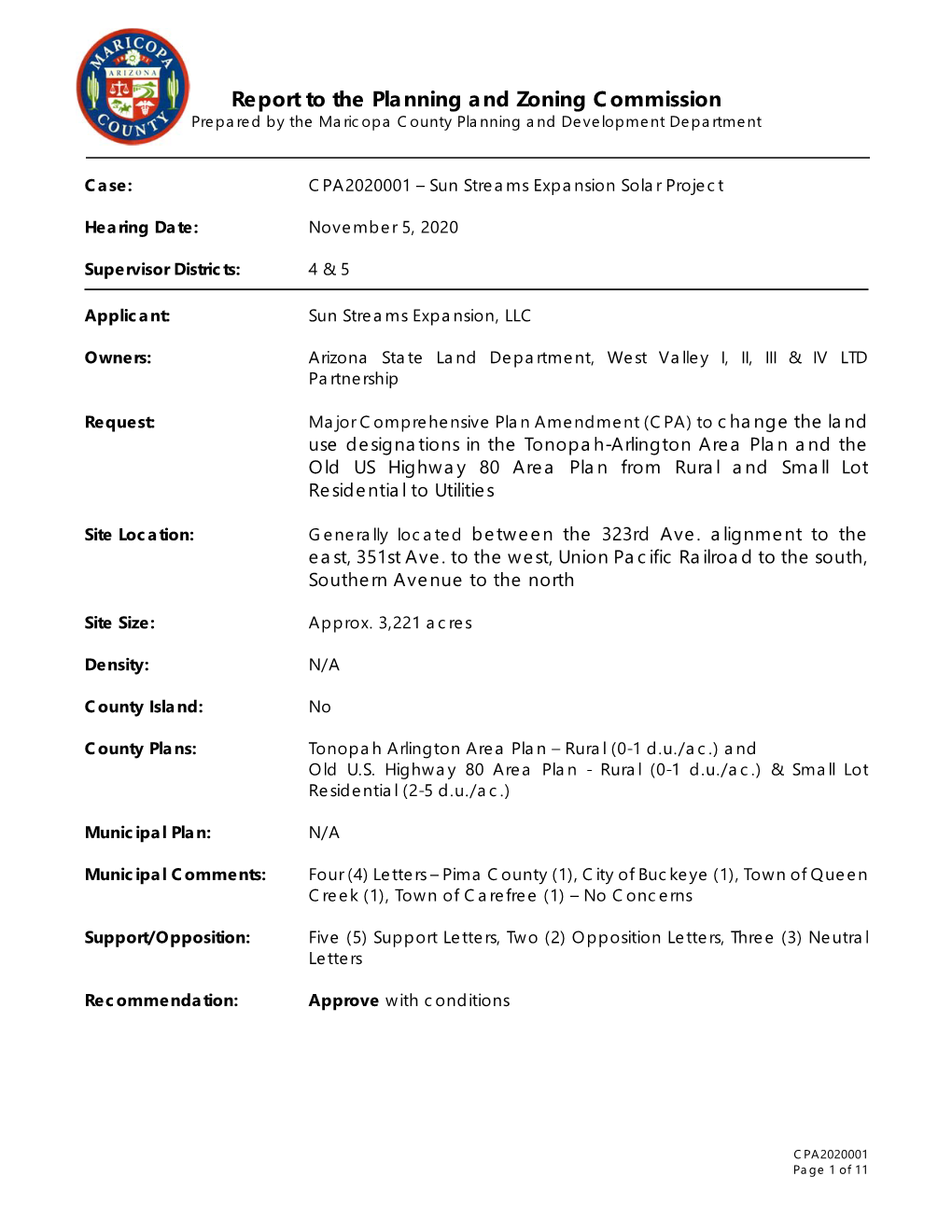 NARRATIVE REPORT Sun Streams Expansion Solar Project Comprehensive Plan ...