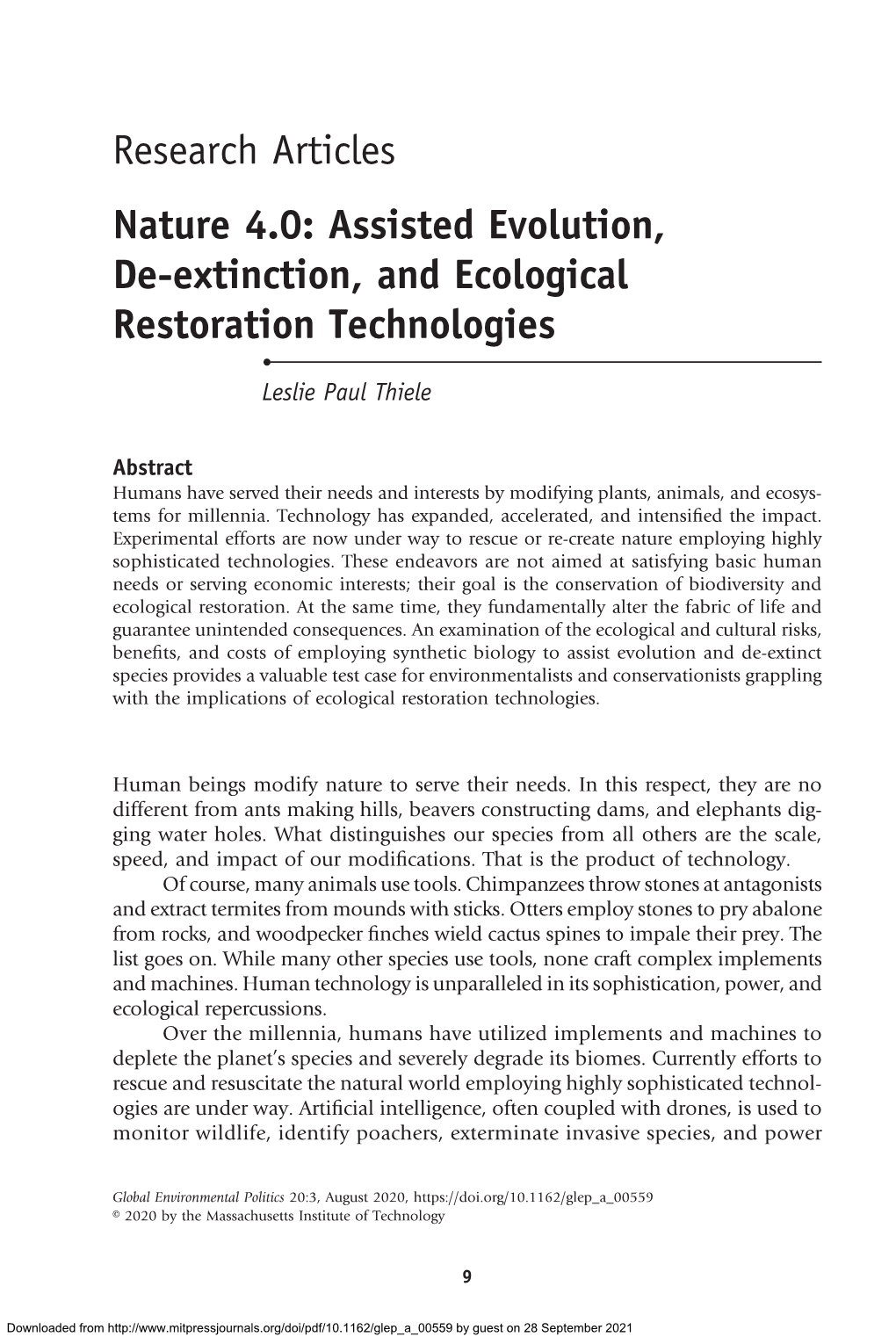 Assisted Evolution, De-Extinction, and Ecological Restoration Technologies • Leslie Paul Thiele ...