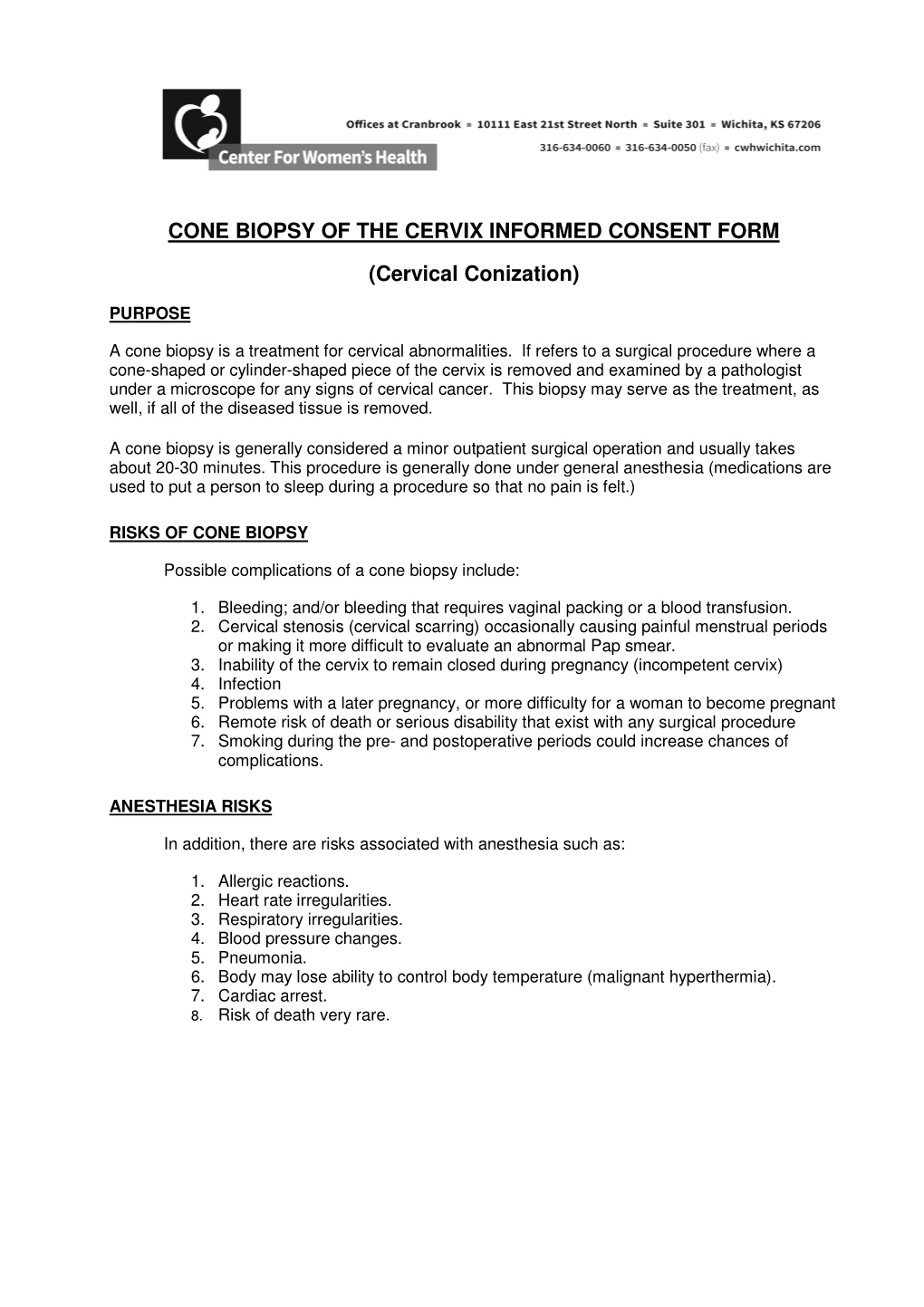 Cone Biopsy of the Cervix Informed Consent Form - DocsLib