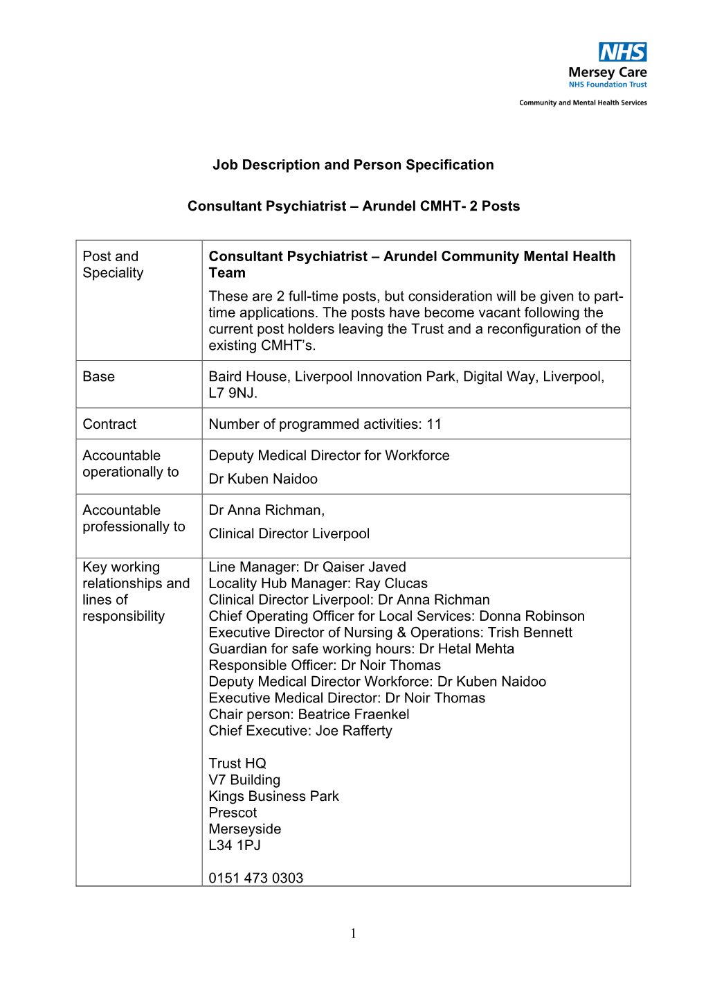 Arundel CMHT- 2 Posts Post and Speciality Consultant Psyc - DocsLib