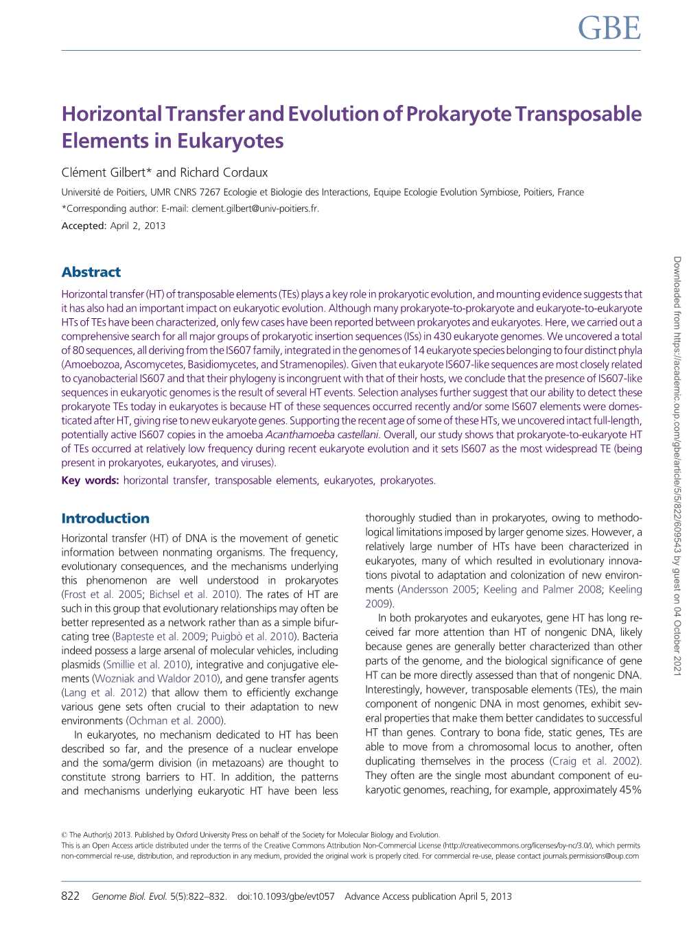 Horizontal Transfer and Evolution of Prokaryote Transposable Elements ...