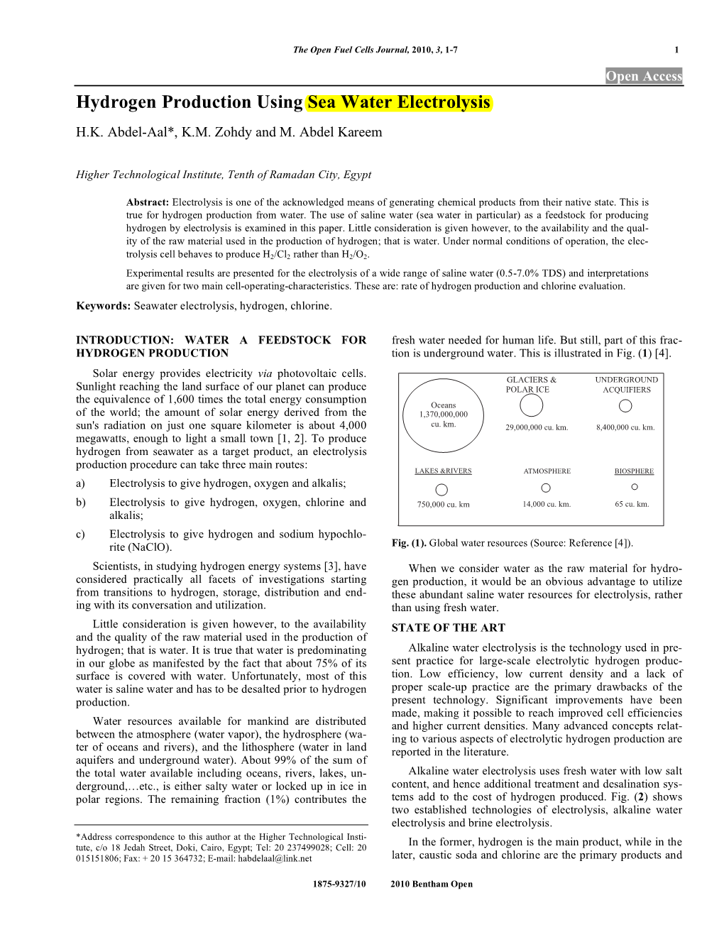 Hydrogen Production Using Sea Water Electrolysis H.K - DocsLib