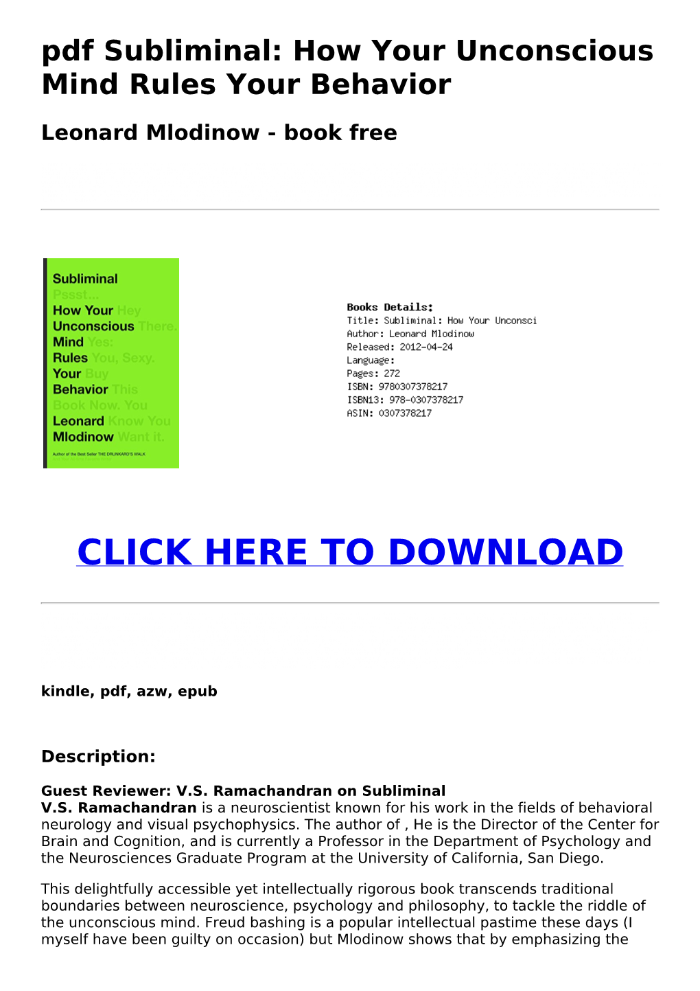 Pdf Subliminal: How Your Unconscious Mind Rules Your Behavior - DocsLib