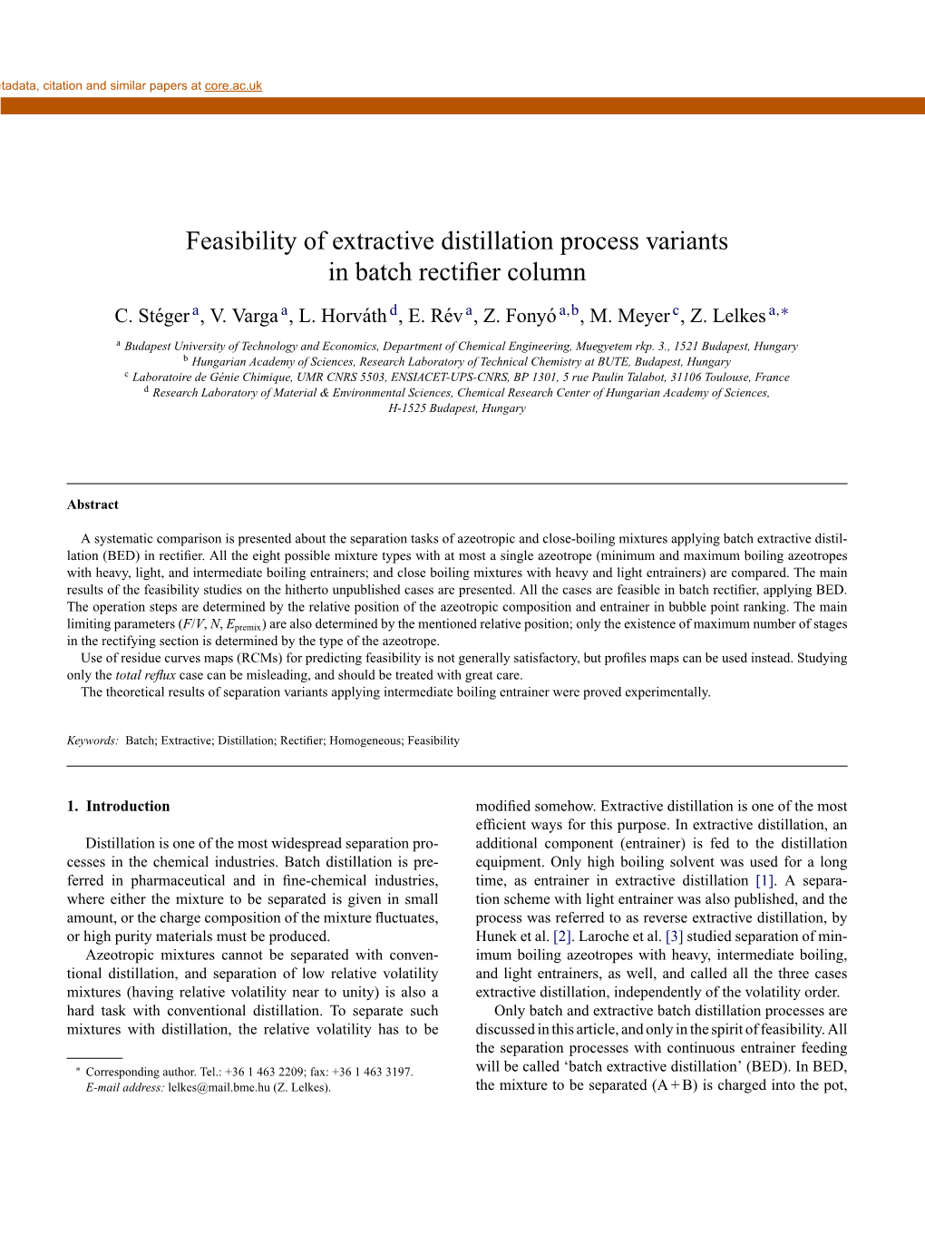 Feasibility of Extractive Distillation Process Variants in Batch ...