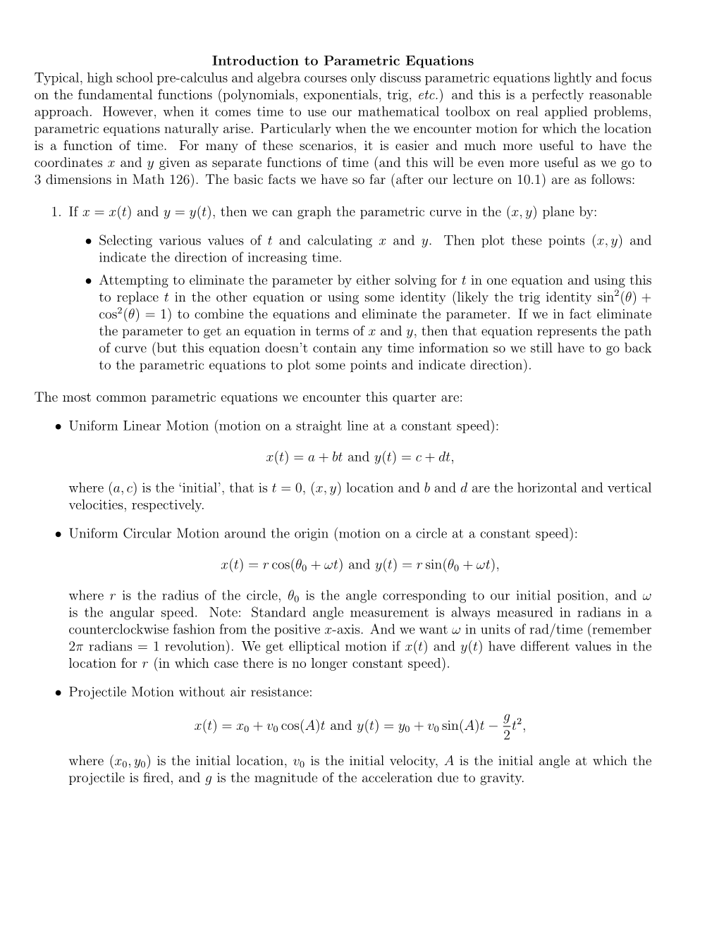 Introduction to Parametric Equations Typical, High School Pre-Calculus ...