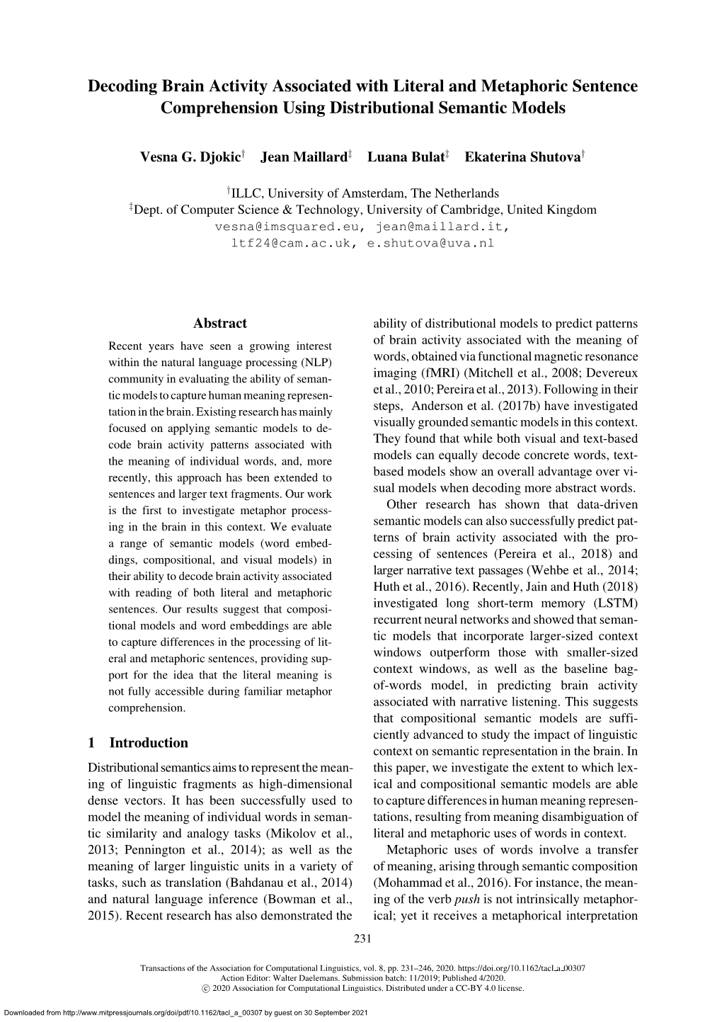 Decoding Brain Activity Associated with Literal and Metaphoric Sentence Comprehension Using ...