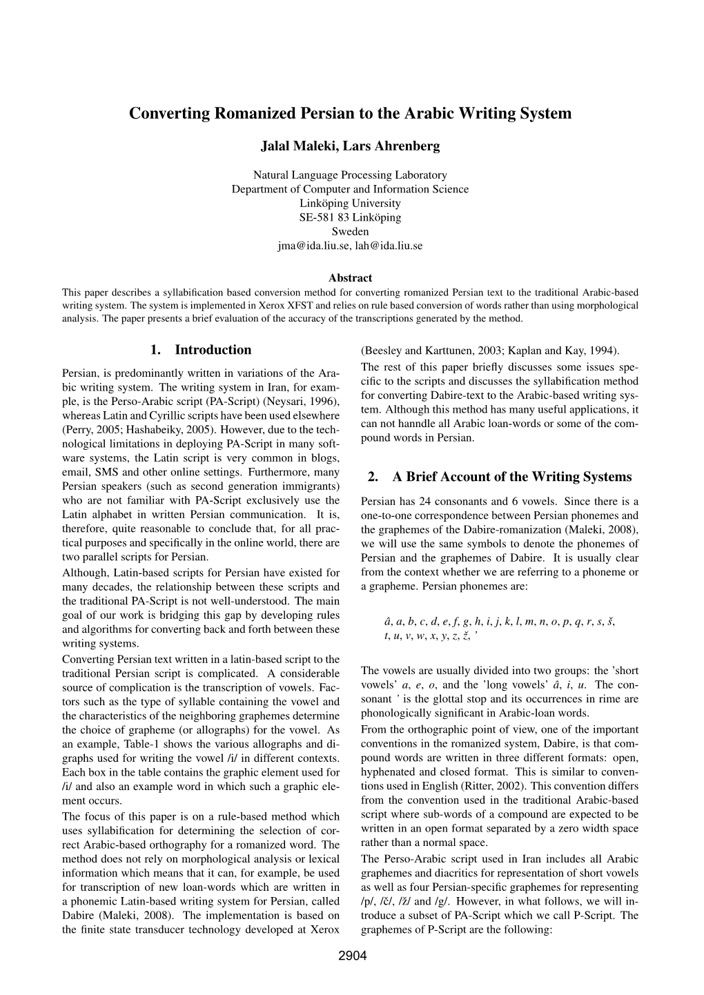 Converting Romanized Persian to the Arabic Writing System - DocsLib