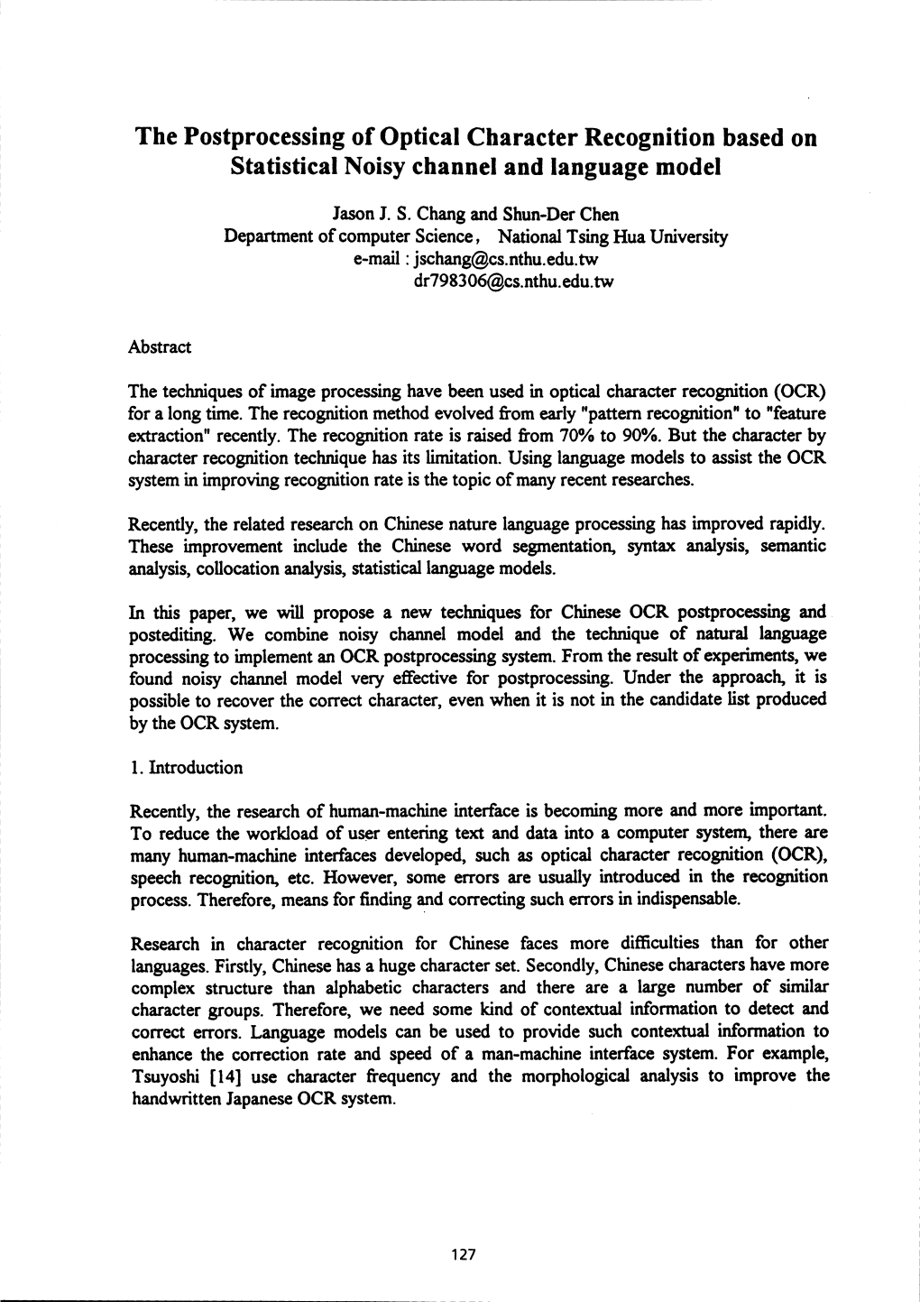 The Postprocessing of Optical Character Recognition Based on Statistical Noisy Channel and ...
