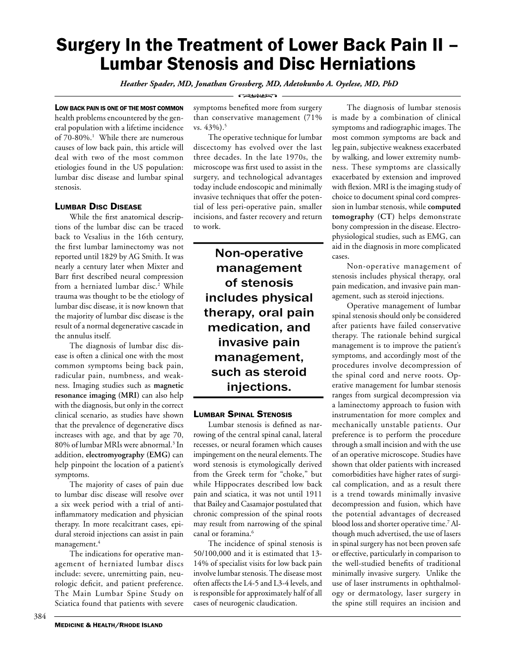 Lumbar Stenosis and Disc Herniations Heather Spader, MD, Jonathan ...