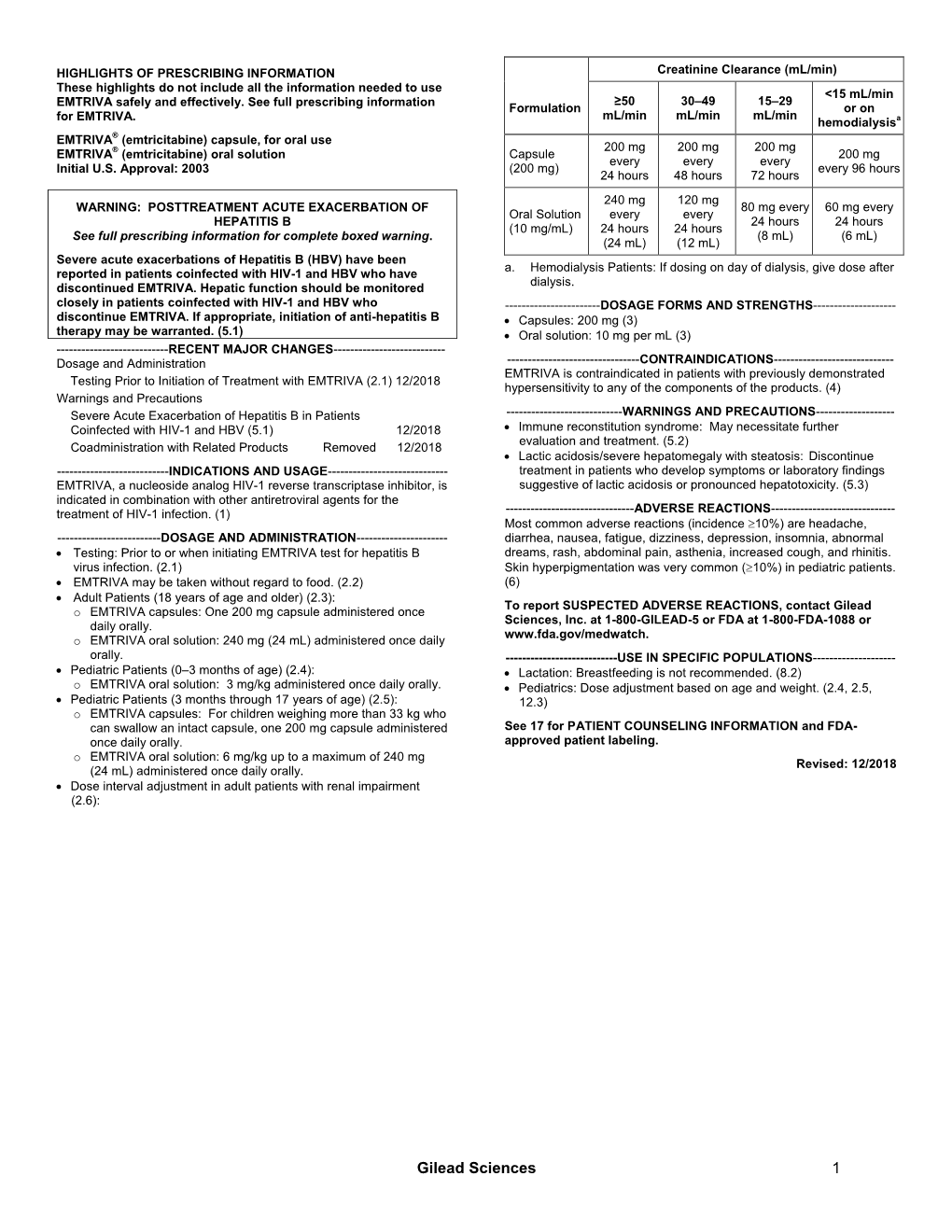 EMTRIVA® (Emtricitabine) Capsule, for Oral Use 200 Mg 200 Mg 200 Mg ...