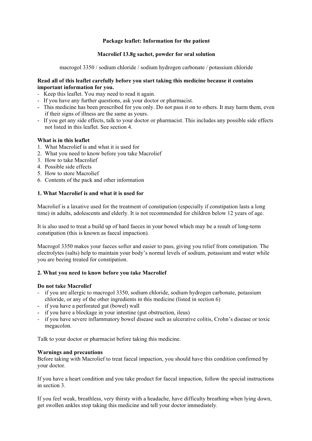 Information for the Patient Macrolief 13.8G Sachet, Powder for Oral ...