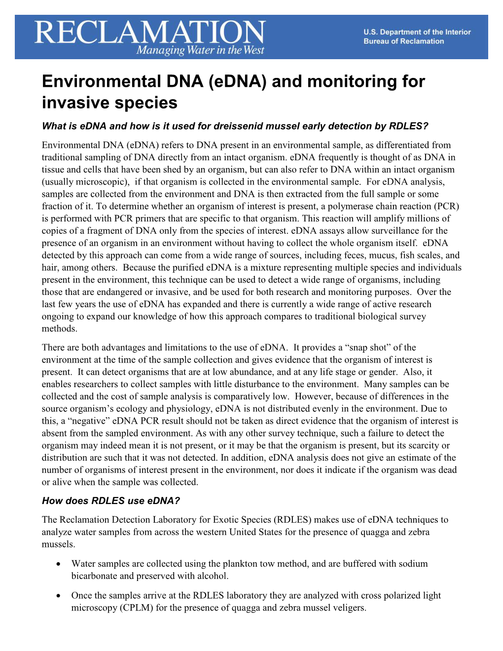 Environmental DNA (Edna) and Monitoring for Invasive Species - DocsLib