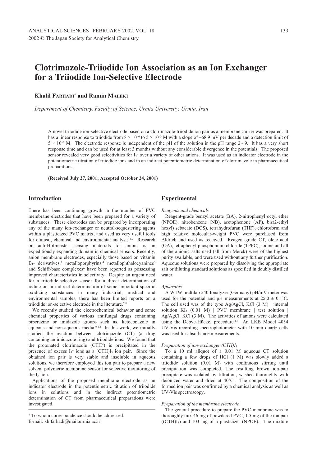 Clotrimazole-Triiodide Ion Association As an Ion Exchanger for a ...
