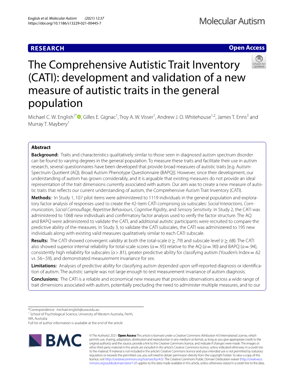 The Comprehensive Autistic Trait Inventory (CATI): Development and Validation of a New Measure ...