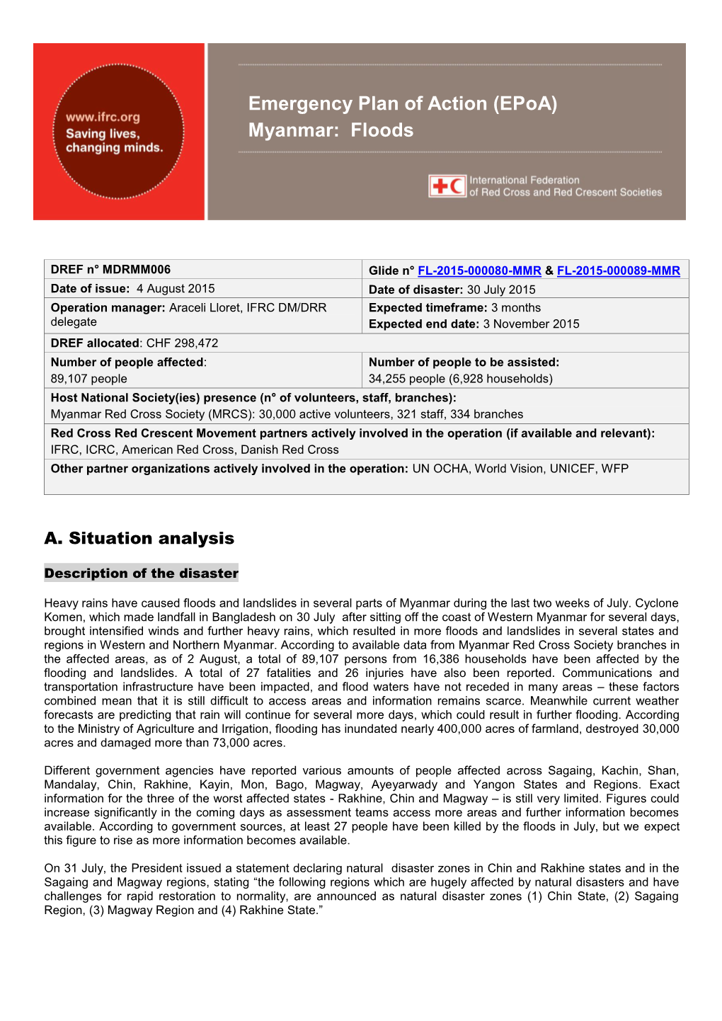 Emergency Plan of Action (Epoa) Myanmar: Floods - DocsLib