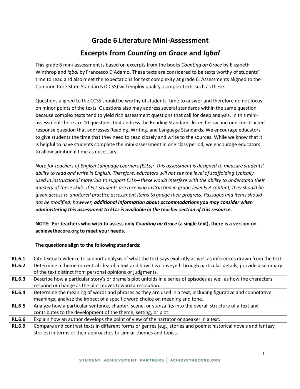 Grade 6 Literature Mini-Assessment Excerpts from Counting on Grace ...