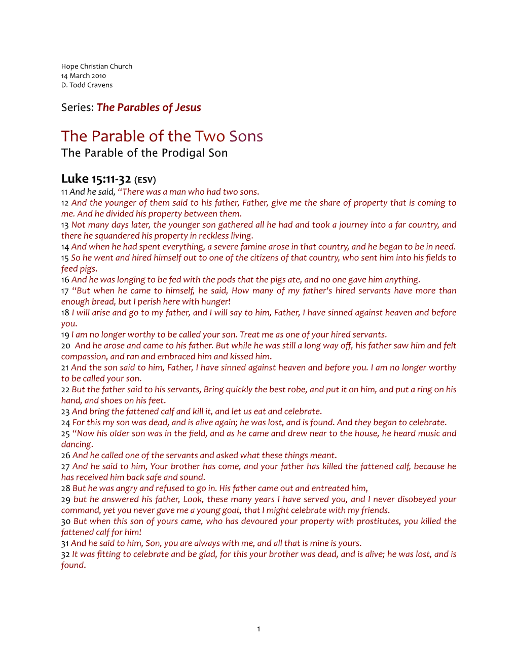 The Parable of the Two Sons the Parable of the Prodigal Son - DocsLib