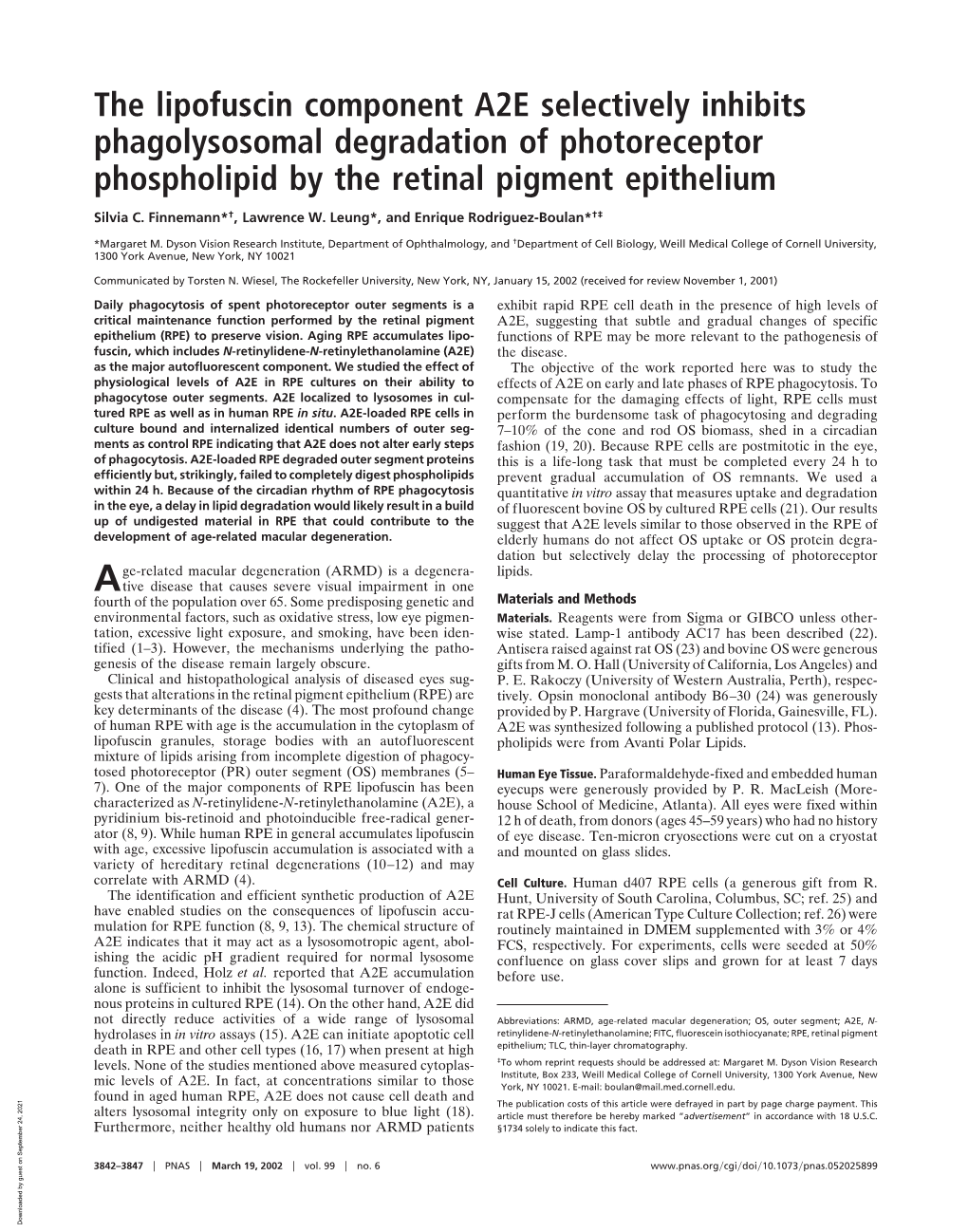 The Lipofuscin Component A2E Selectively Inhibits Phagolysosomal ...