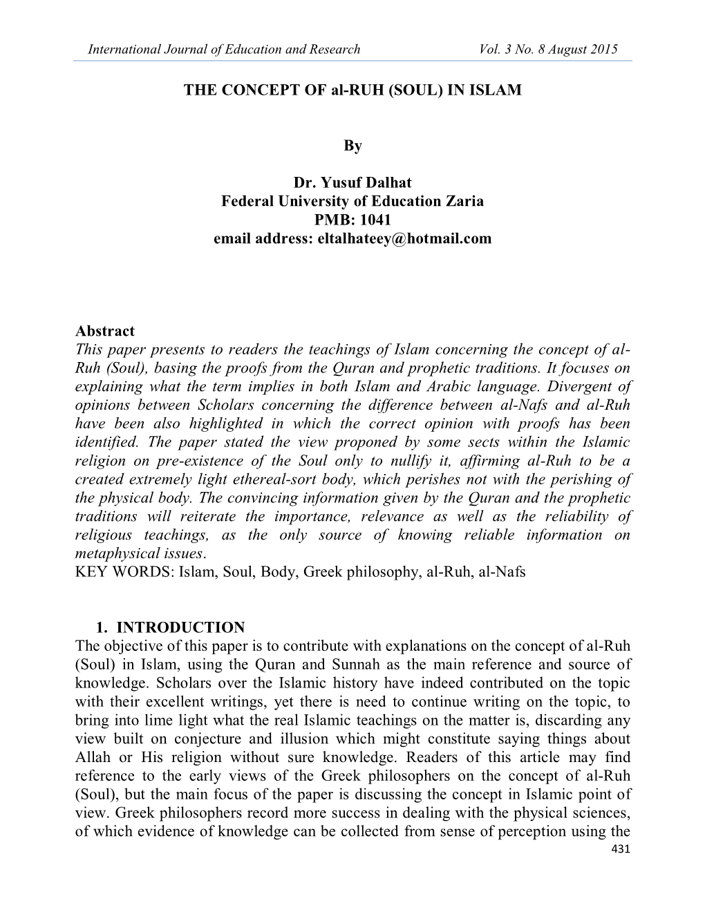 THE CONCEPT of Al-RUH (SOUL) in ISLAM - DocsLib