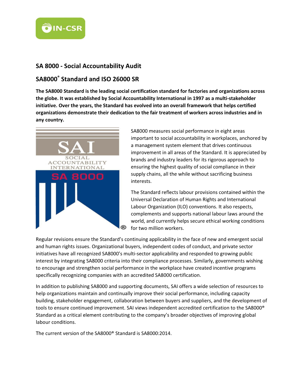 SA 8000 - Social Accountability Audit SA8000® Standard and ISO 26000 SR ...