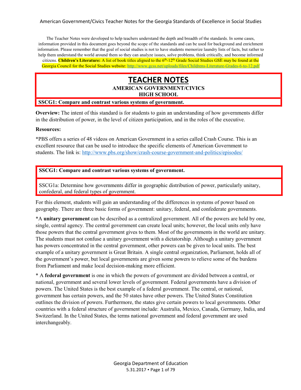 American Government/Civics Teacher Notes for the Georgia Standards of ...