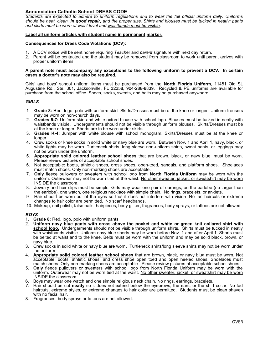 OVER Annunciation Catholic School DRESS CODE - DocsLib