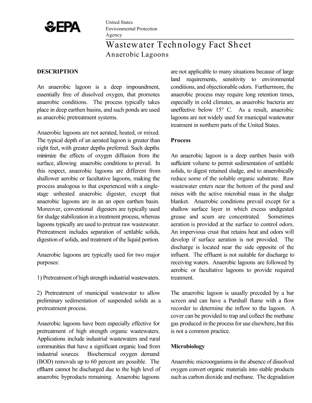 Wastewater Technology Fact Sheet: Anaerobic Lagoons - DocsLib