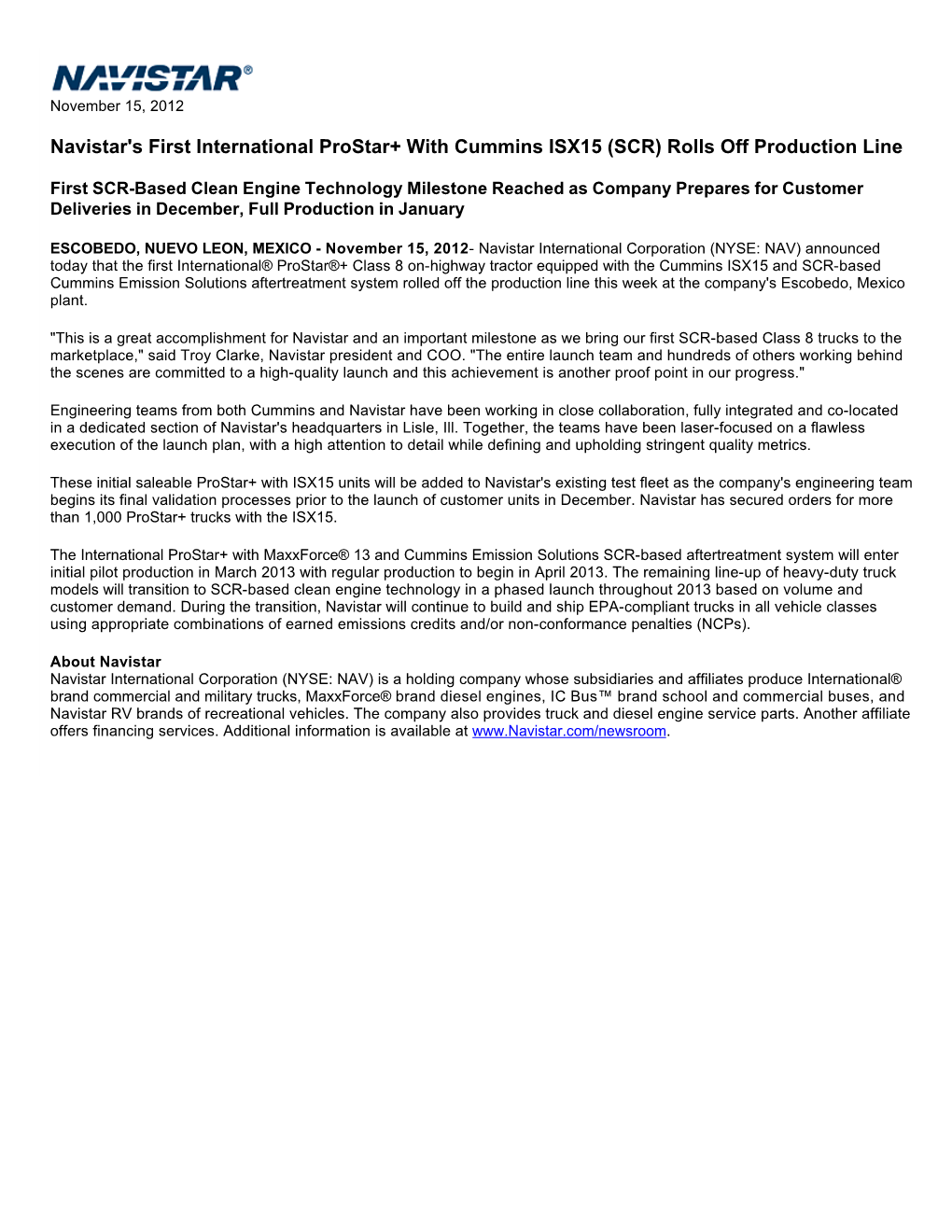 Navistar's First International Prostar+ with Cummins ISX15 (SCR) Rolls ...