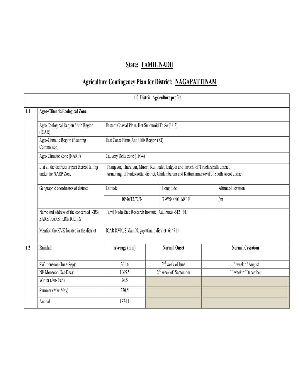 State: TAMIL NADU Agriculture Contingency Plan for District - DocsLib