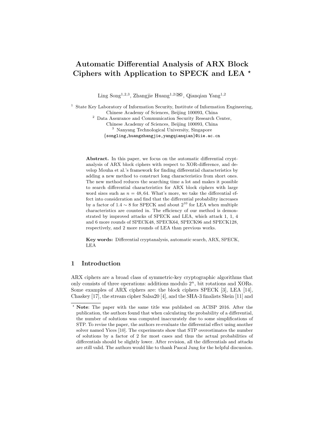 Automatic Differential Analysis of ARX Block Ciphers with Application ...