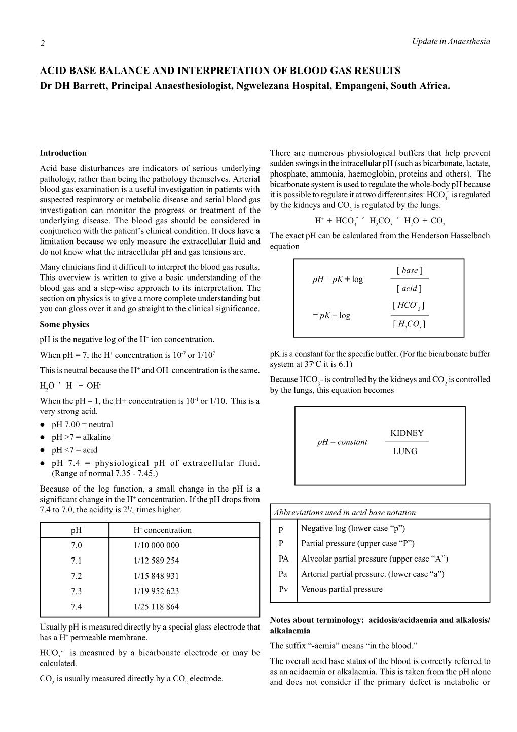 ACID BASE BALANCE and INTERPRETATION of BLOOD GAS RESULTS Dr DH Barrett ...