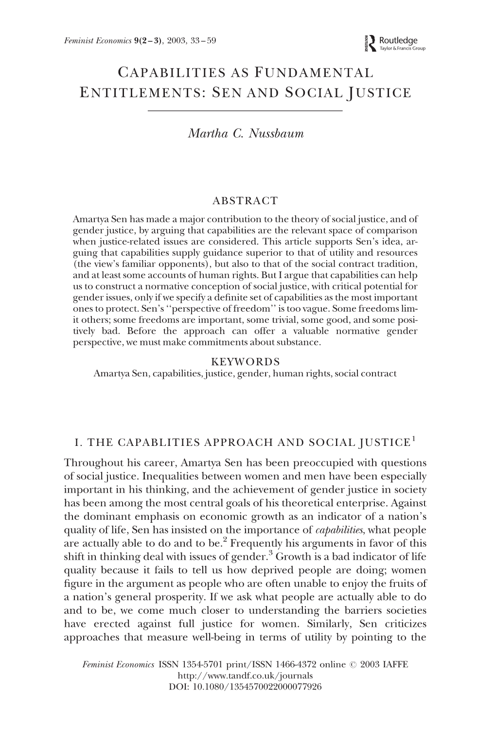 CAPABILITIES AS FUNDAMENTAL ENTITLEMENTS: SEN and SOCIAL JUSTICE Martha ...
