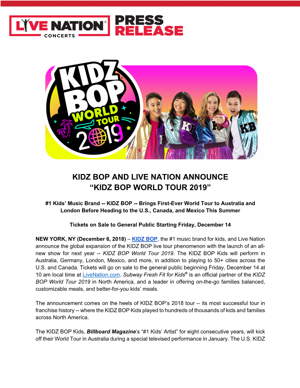 Kidz Bop and Live Nation Announce “Kidz Bop World Tour 2019” - DocsLib