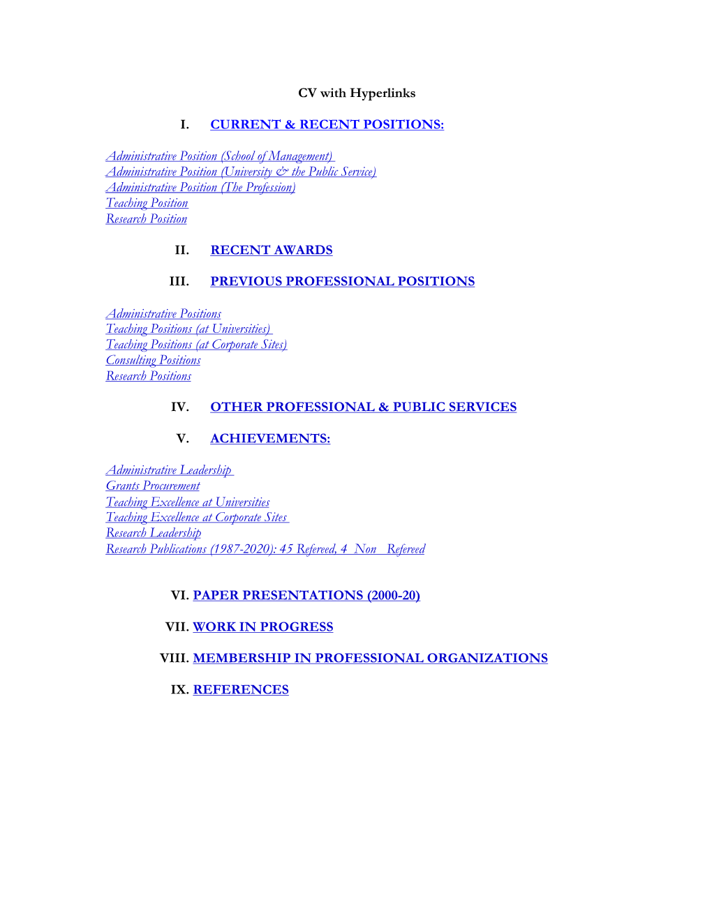 CV with Hyperlinks I. CURRENT & RECENT POSITIONS - DocsLib