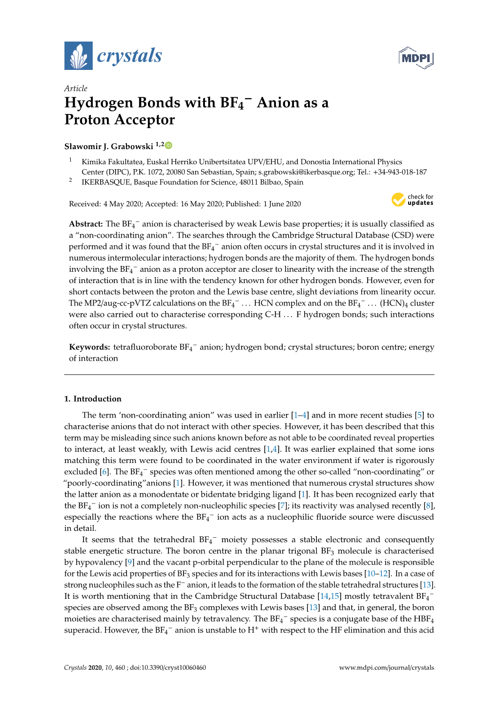 Hydrogen Bonds with BF4- Anion As a Proton Acceptor - DocsLib