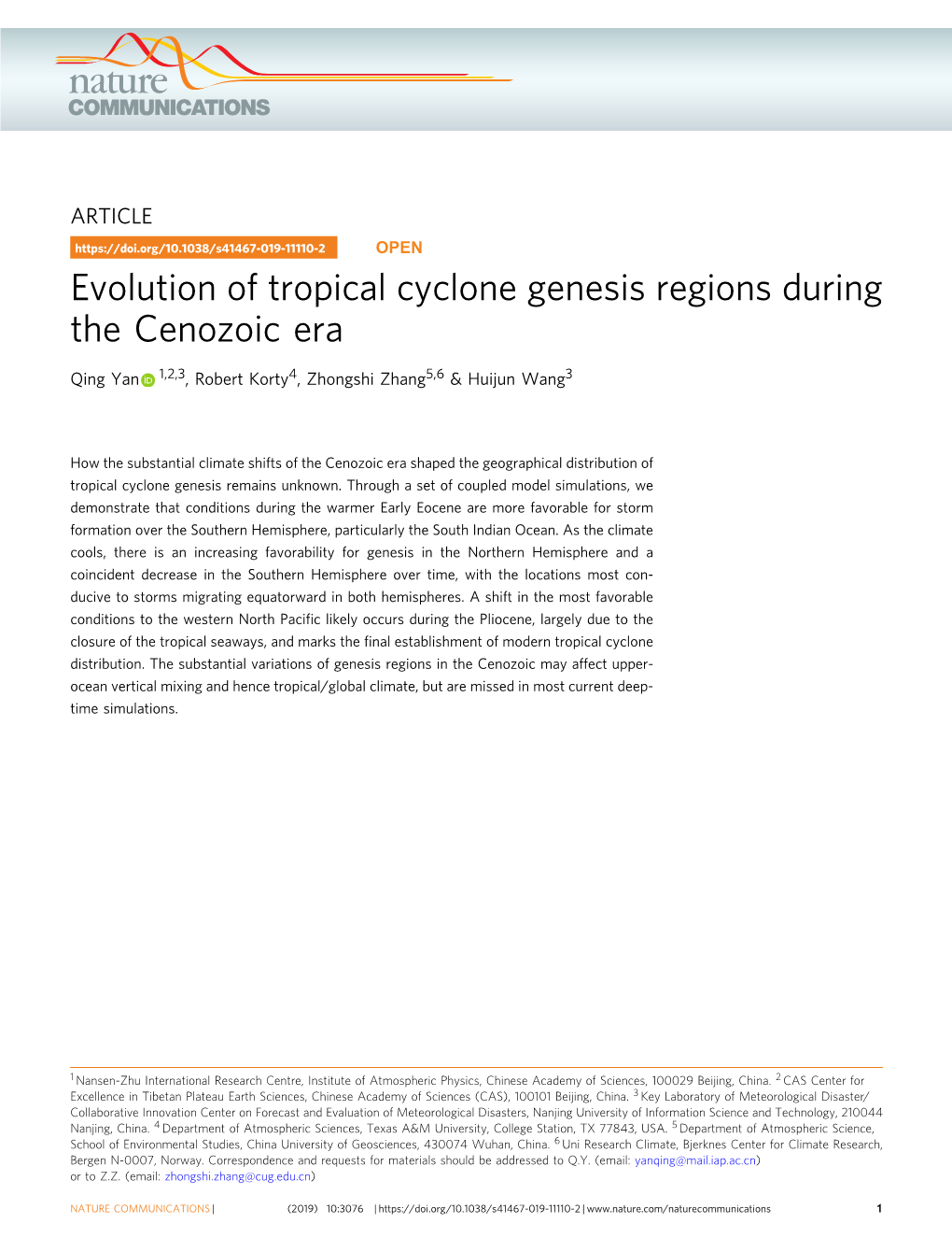 Evolution of Tropical Cyclone Genesis Regions During the Cenozoic Era ...