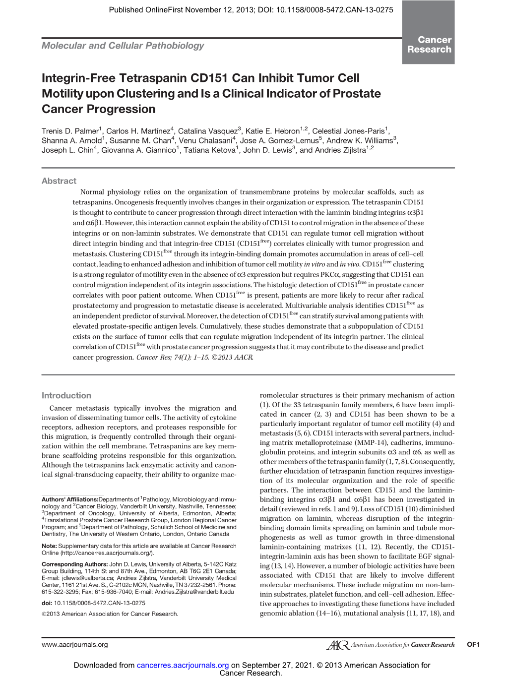 Integrin-Free Tetraspanin CD151 Can Inhibit Tumor Cell Motility Upon ...