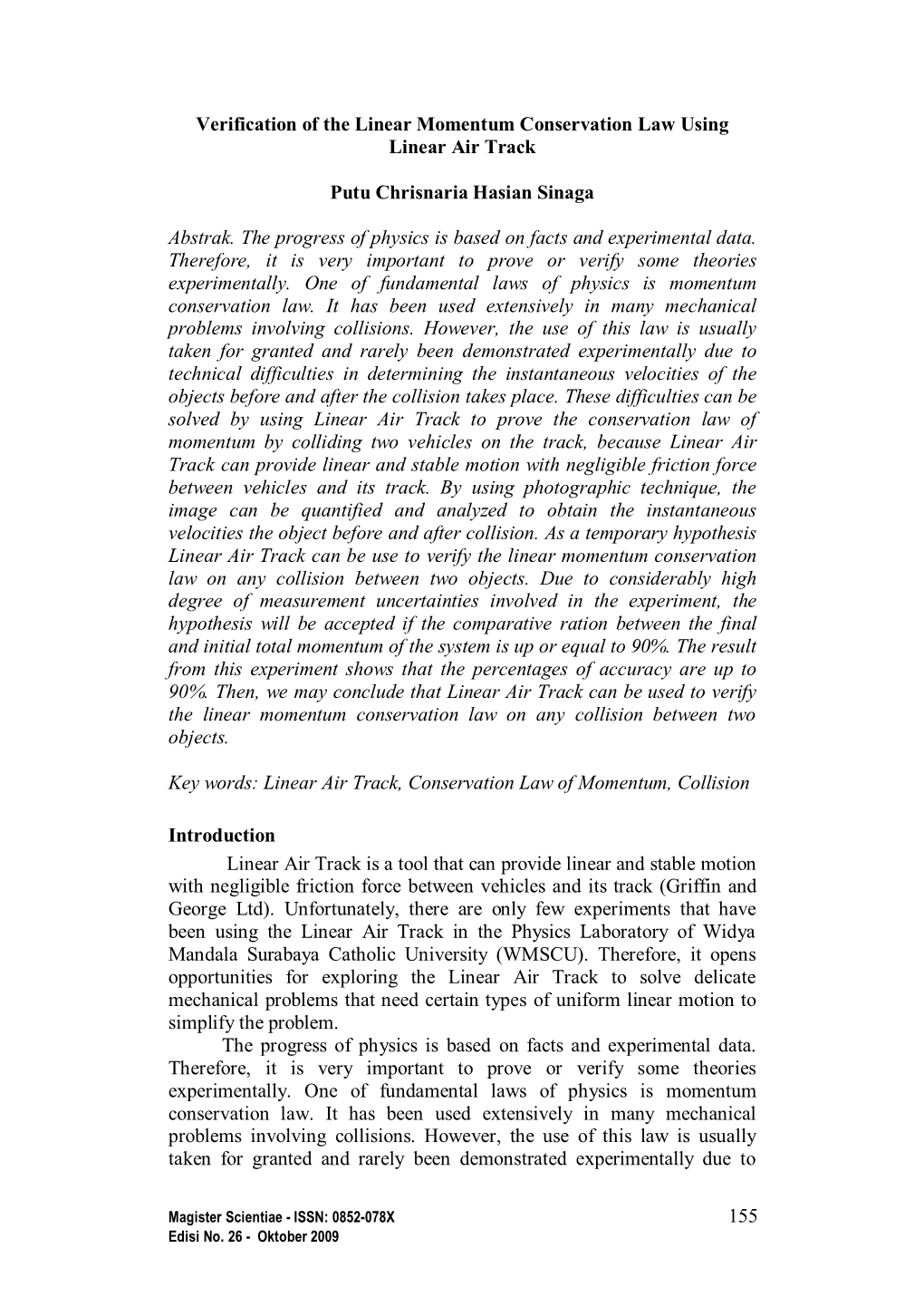 Verification of the Linear Momentum Conservation Law Using Linear Air ...