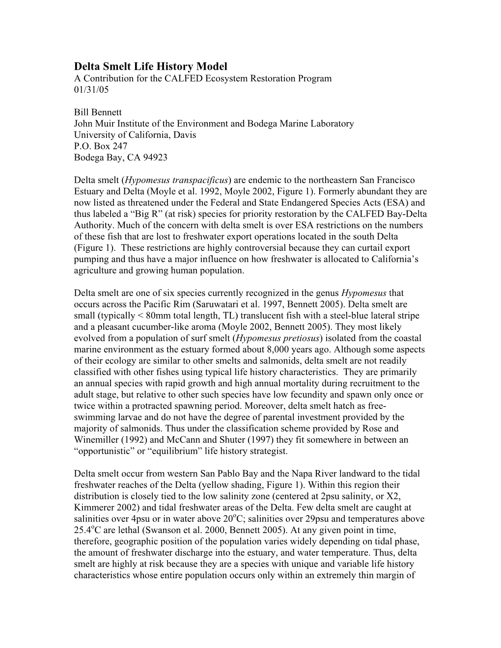 Delta Smelt Life History Model a Contribution for the CALFED Ecosystem ...