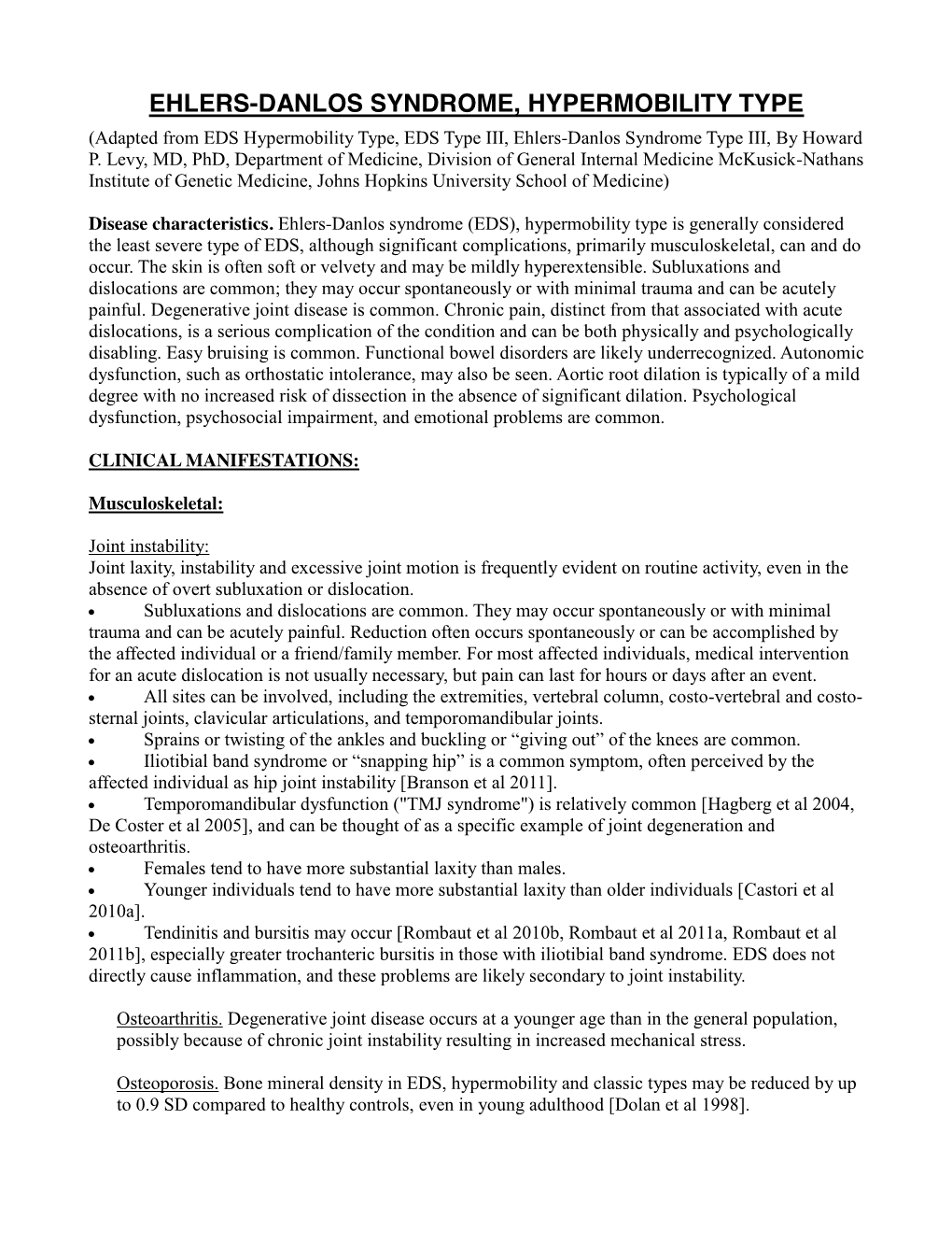 EHLERS-DANLOS SYNDROME, HYPERMOBILITY TYPE (Adapted from EDS ...