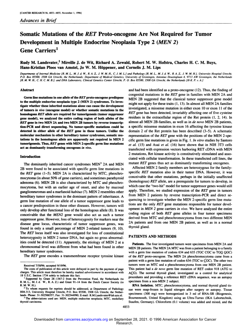 Somatic Mutations of the RET Proto-.Oncogene Are Not Required for Tumor ...